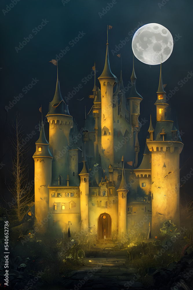Fantasy castle on a full moon night. Stock Illustration | Adobe Stock