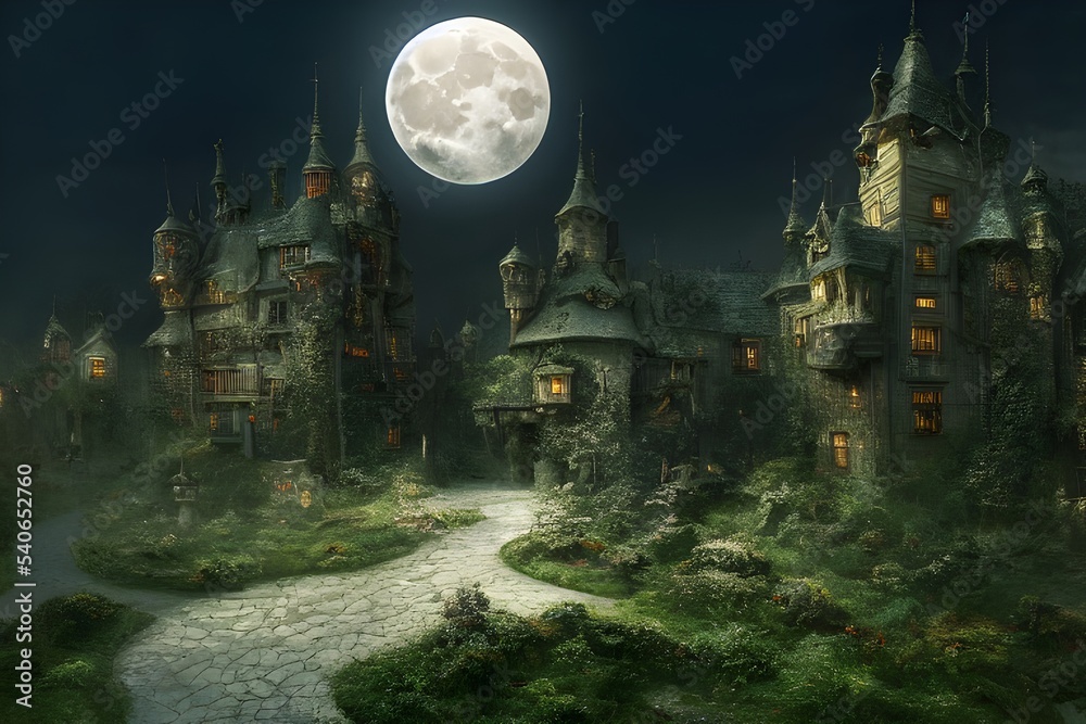 Fantasy castle on a full moon night. Stock Illustration | Adobe Stock