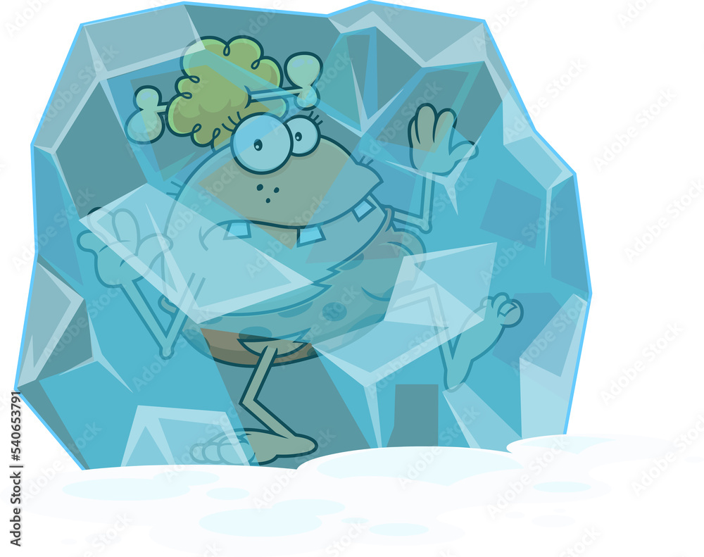 Frozen CaveWoman Cartoon Character In A Block Of Ice. Hand Drawn ...