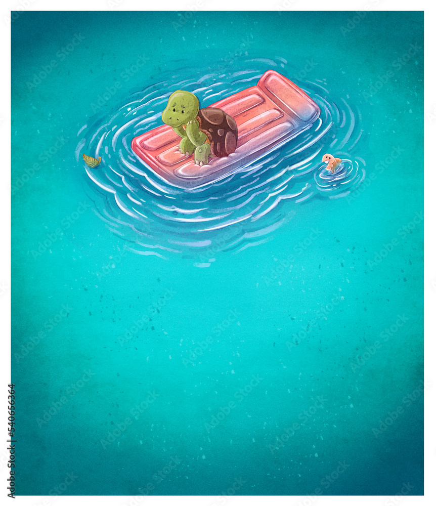 Worried turtle sitting on a float in the sea with textured background ...