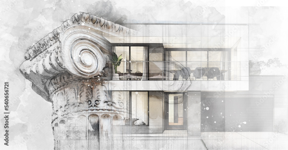 3d illustration - drawings sketch of futuristic Urban scene .Fusion of ...