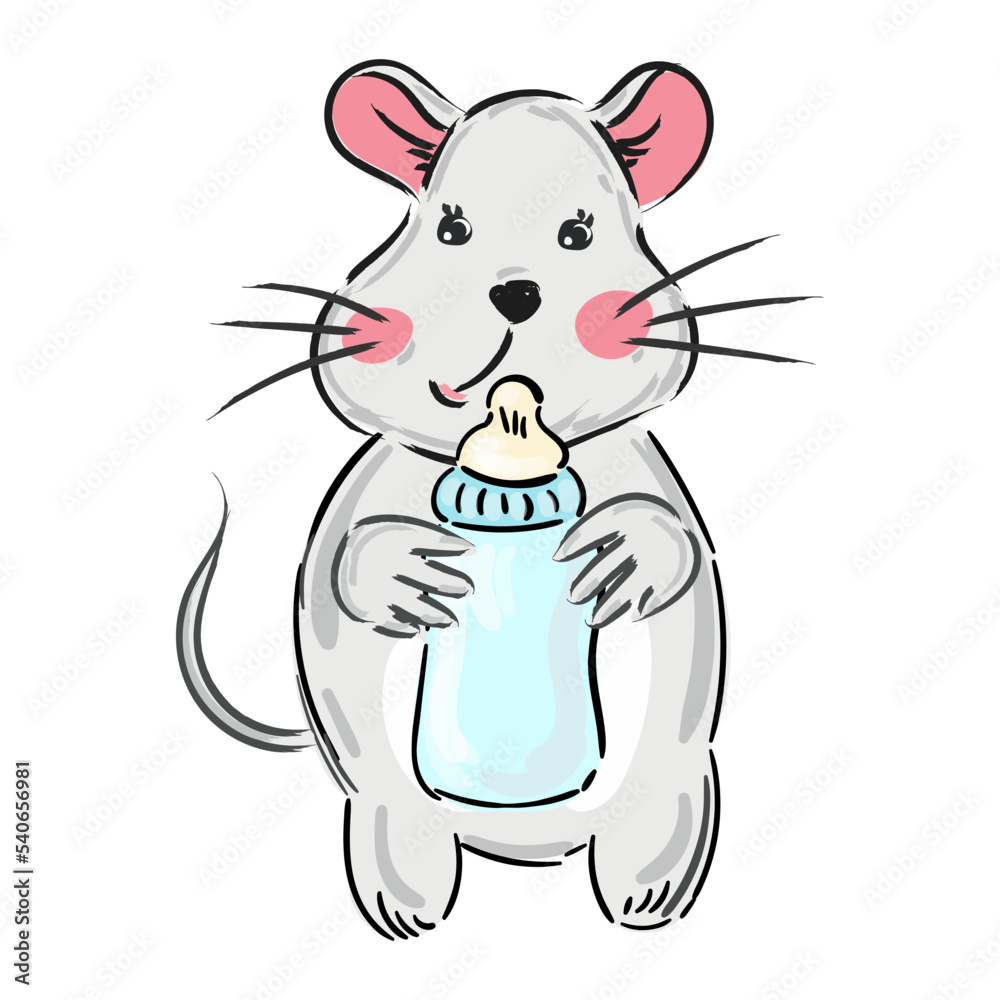Cute cartoon newborn baby mouse with bottle of milk. Vector ...