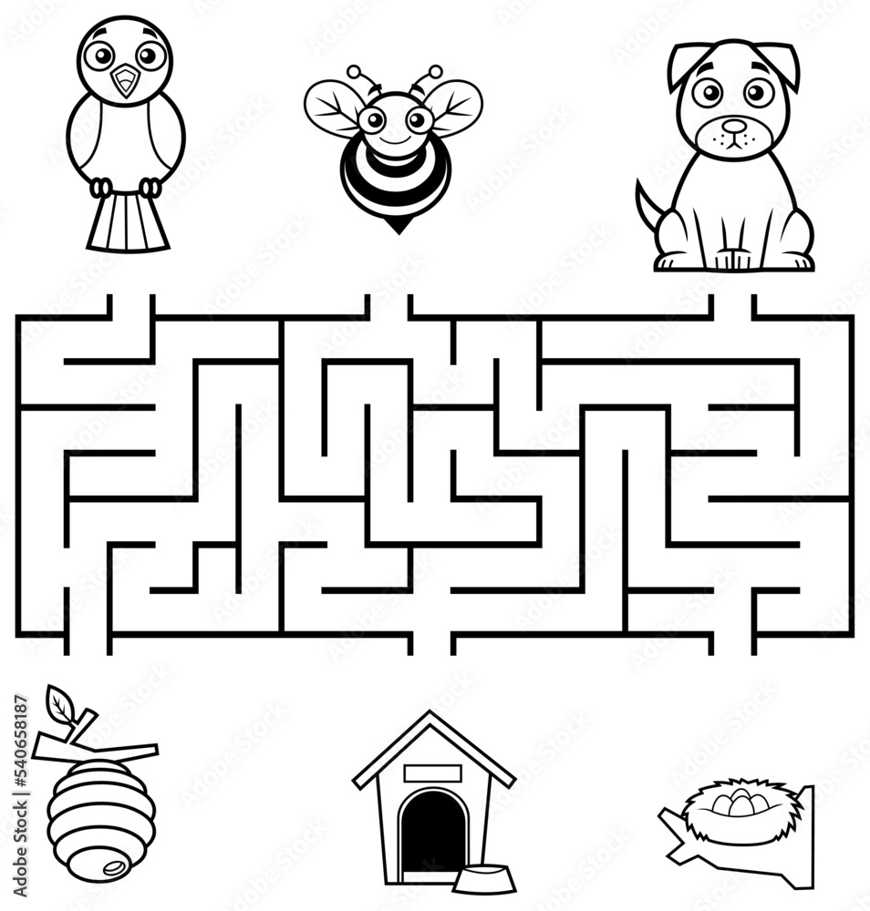 Cartoon Maze Game Education For Kids Help The Bird, The Bee And The Dog ...