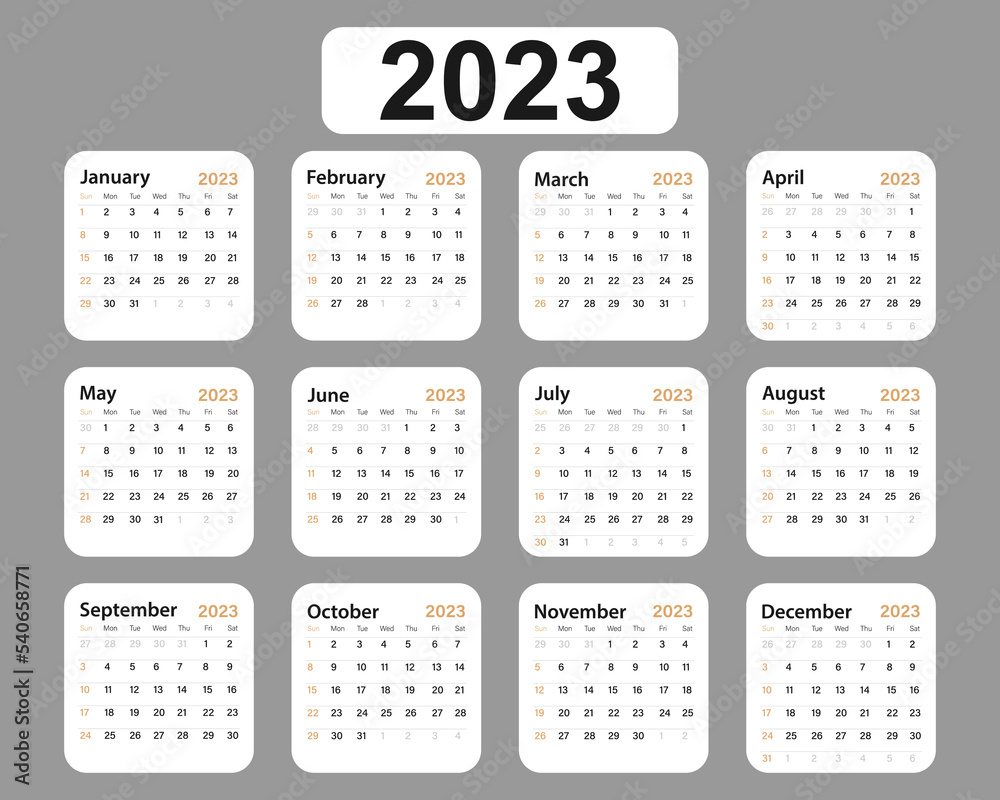 Vector illustration of the calendar year 2023. The week starts on ...