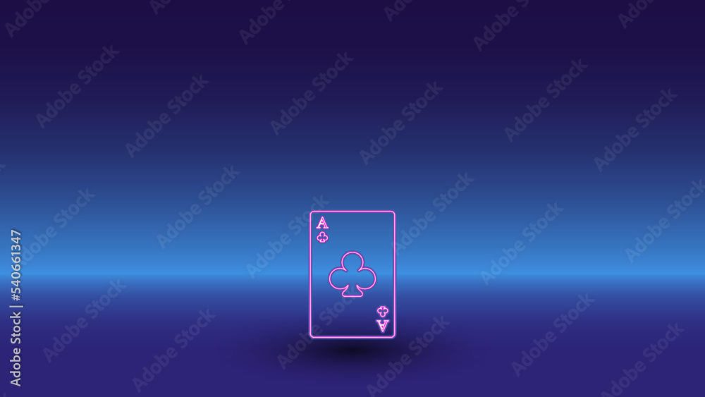 Neon ace of clubs symbol on a gradient blue background. The isolated ...