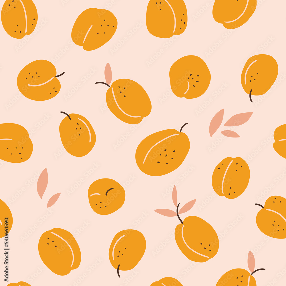 vector fruit seamless pattern in hand-drawn style. Simple apricot ...