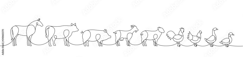 Set of Farm animal one line. Horse, Cow, Pig, Goat, Sheep, Chicken ...