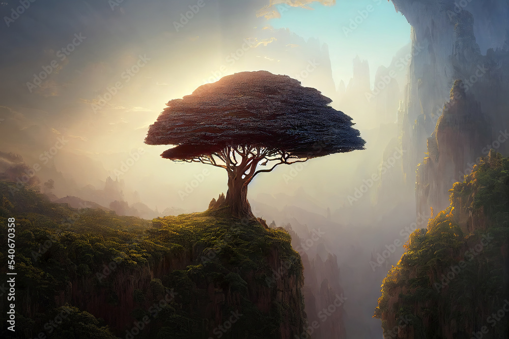 fantasy world landscape, tree of life Stock-Illustration | Adobe Stock