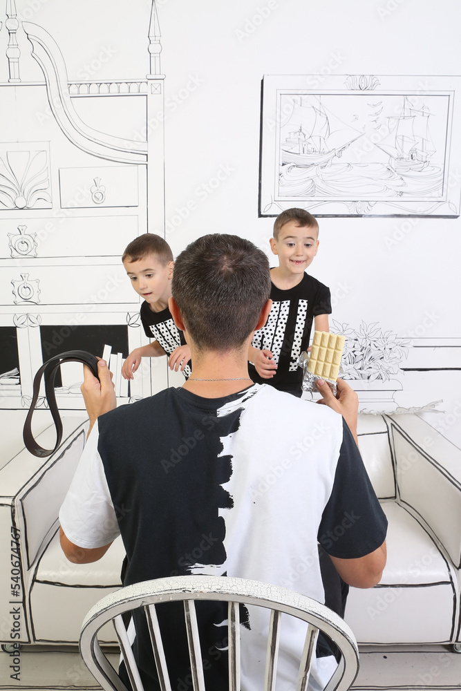 Kind and evil dad. Ways to raise children. Bad and good father with ...