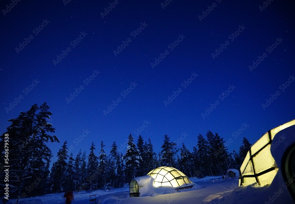 Poster A glass igloo in the snow at night – Muurposter | Europosters