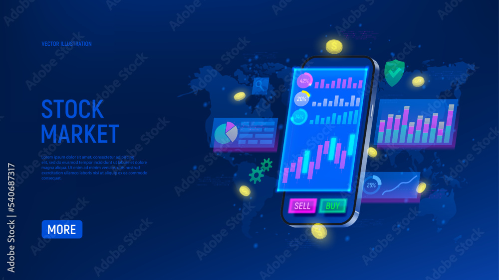 Concept of stock market mobile app. 3d vector illustration with ...