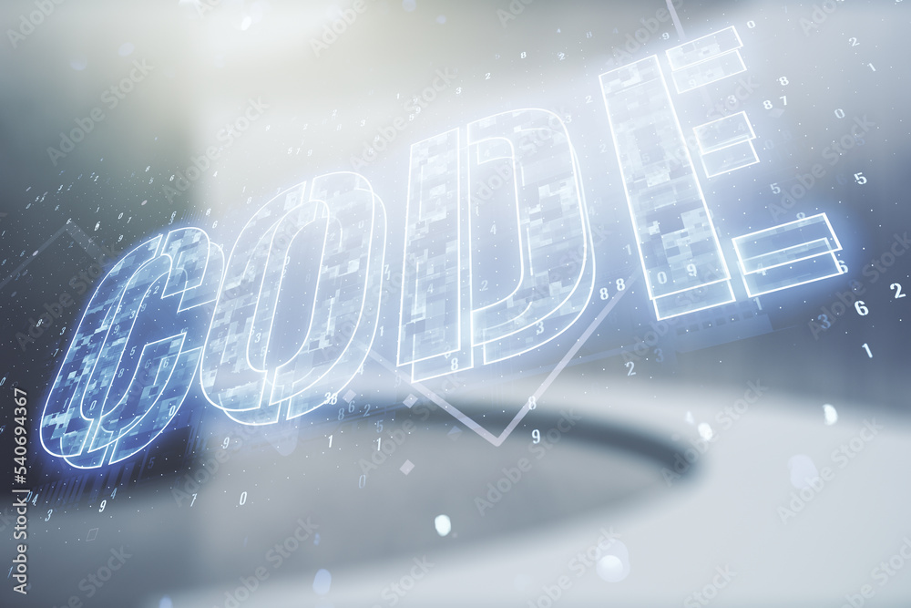 Code word hologram on modern interior background, international ...