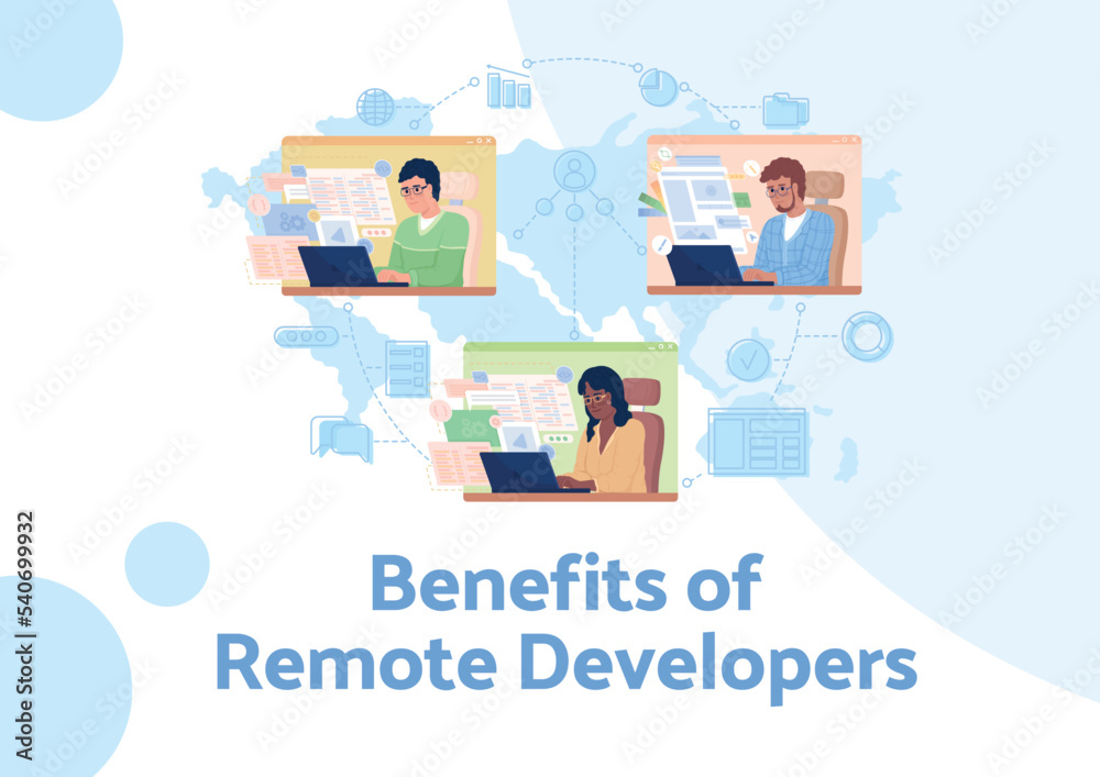 Remote developers benefits flat vector banner template. Hiring ...