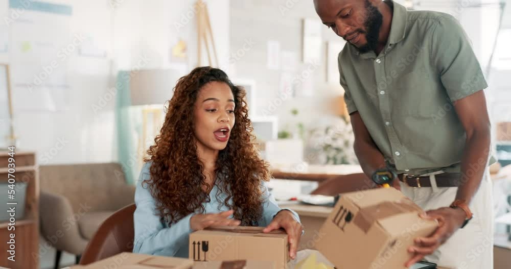 Delivery boxes, black woman shipping package or ecommerce sale with ...