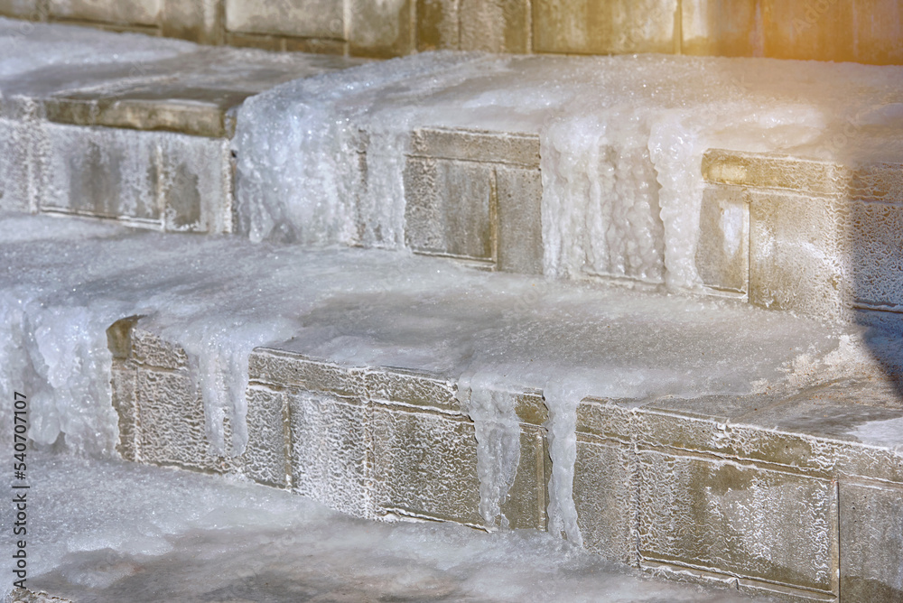 Stairs covered with ice. Ice covered stair case in winter season ...
