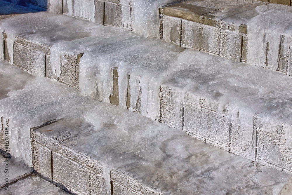 Stairs covered with ice. Ice covered stair case in winter season ...