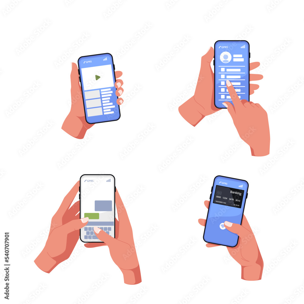 Set Hands Holding Mobile Phones. Fingers Touching, Tapping, Scrolling ...