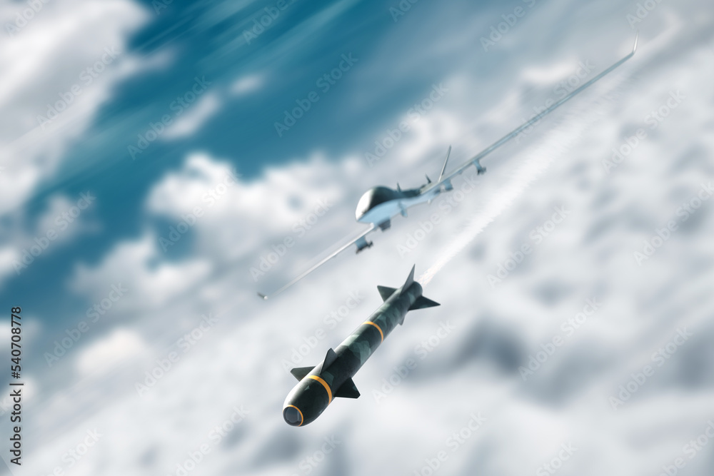 UAV military combat drone launches a combat missile. Modern aircraft ...