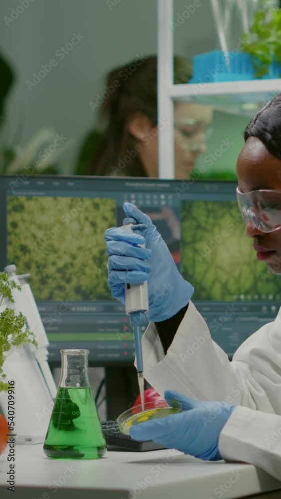 Vertical video: Biologist scientist african woman researcher taking ...