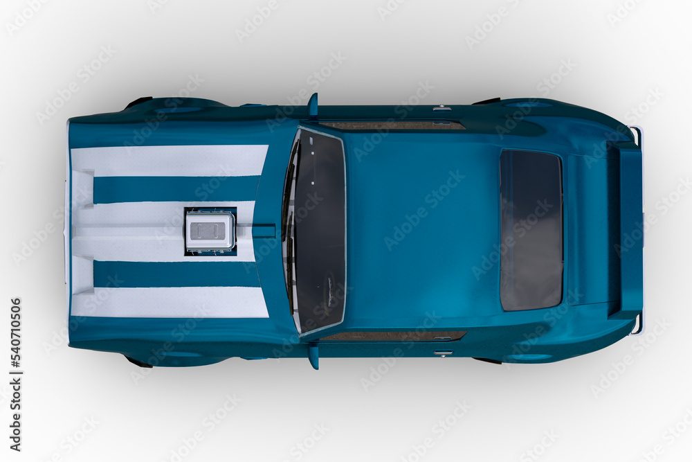 Overhead view 3D rendering of a blue and white 1970s vintage American ...