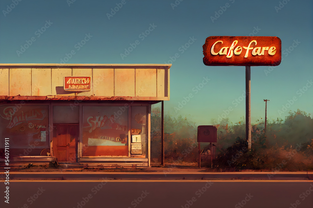 Illustrative rustic drawing of an abandoned restaurant. American road ...