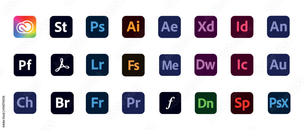 Adobe Products icons. Photoshop. Illustrator. Lightroom. InDesign ...