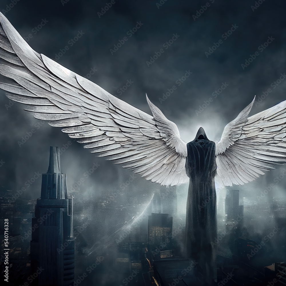 3d rendering of angel of death floating over a destroyed city in the ...
