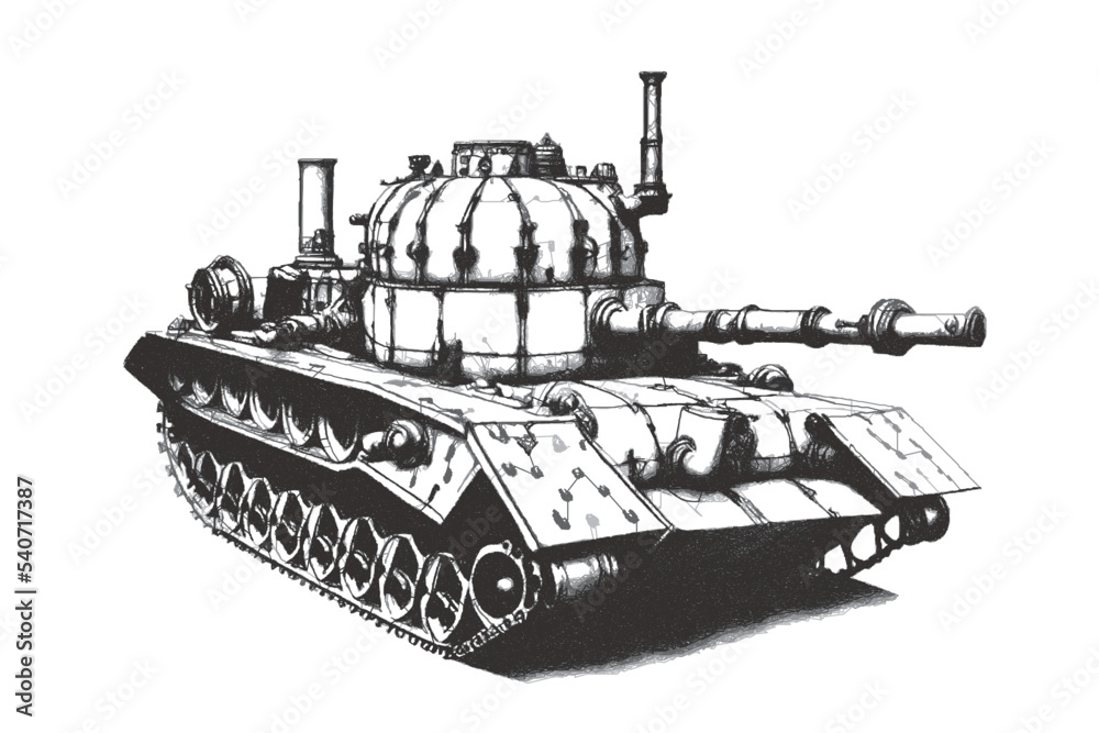 Steampunk battle tank. Fighting armoured vehicle. Doodle sketch. Vector ...