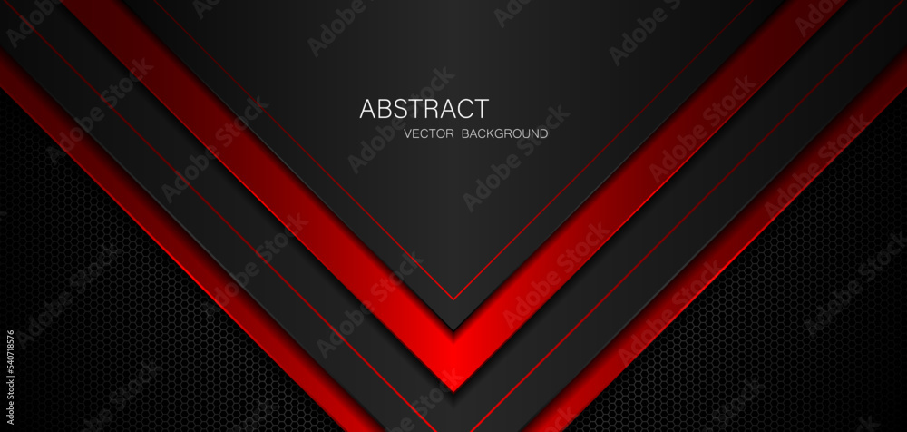 Abstract black and red polygon with red glow lines on dark steel mesh ...