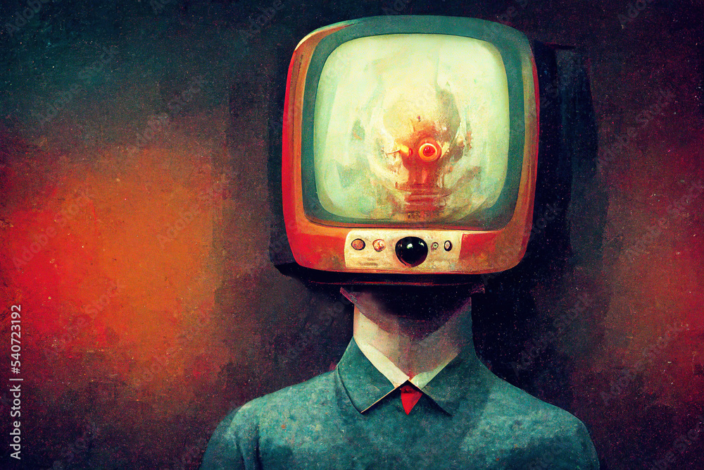 ภาพประกอบสต็อก Human with TV instead head over dark background. Mass ...