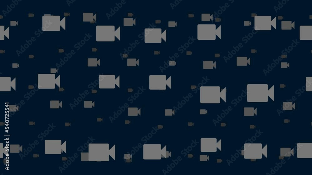Video camera symbols float horizontally from left to right. Parallax fly effect. Floating ...