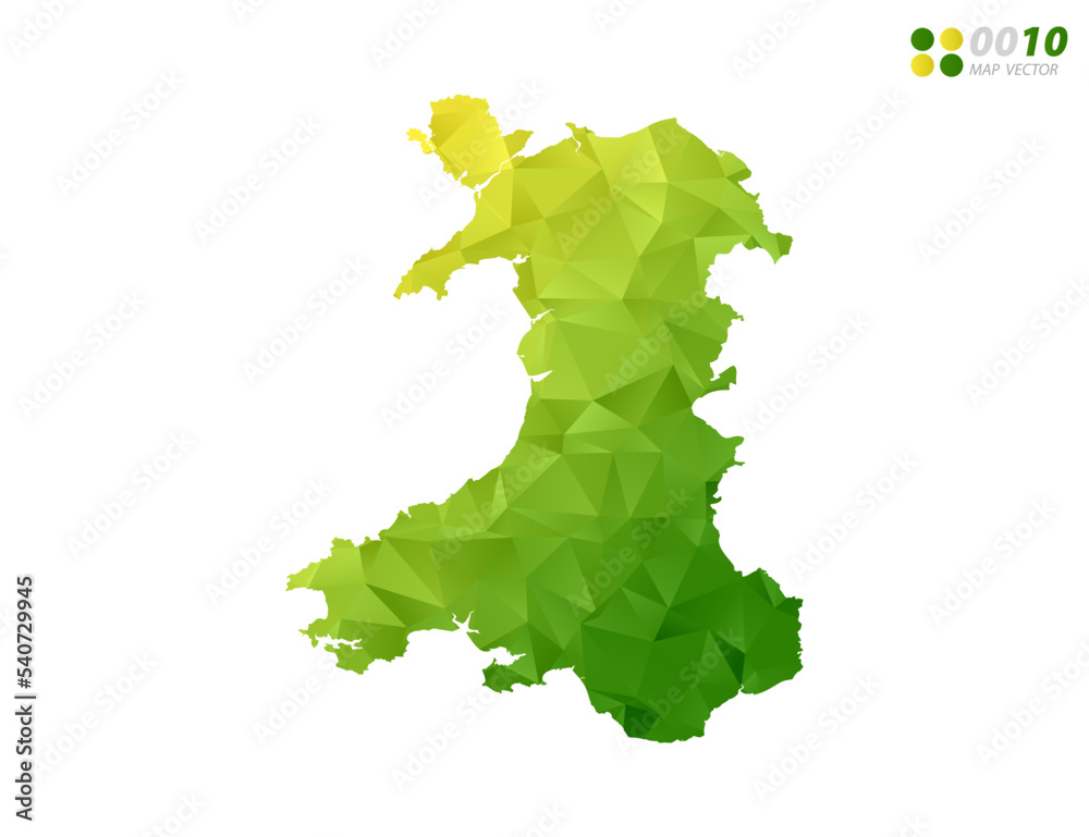 Vector Wales map green and yellow polygon triangle mosaic with white ...