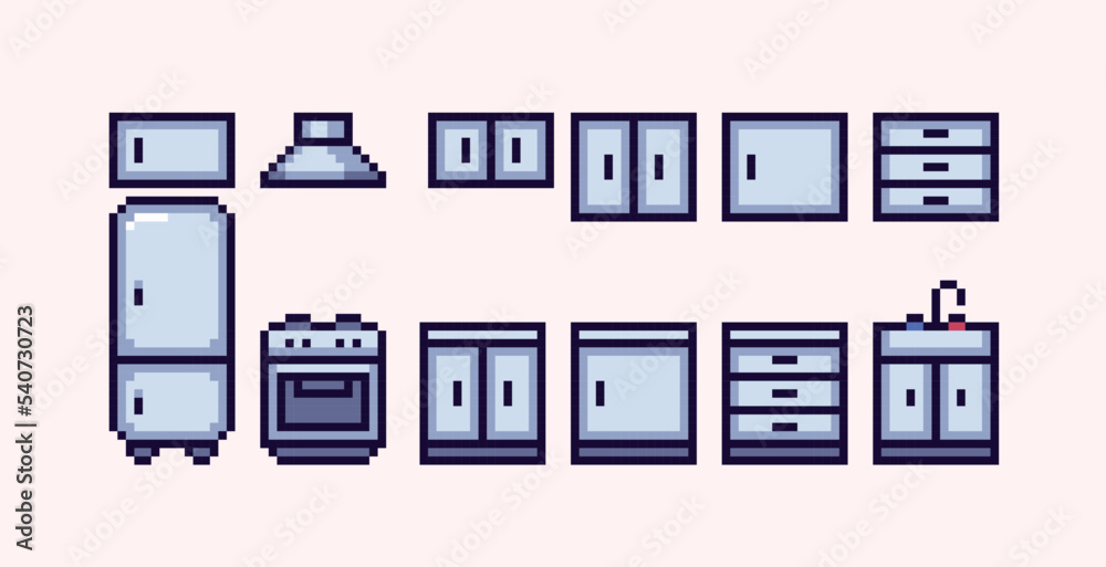 Kitchen furniture pixel art set. Interior equipment collection. Oven ...