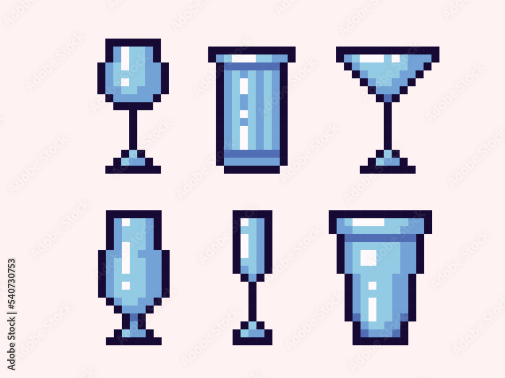Different empty glass cups pixel art set. Bar and restaurant tableware ...