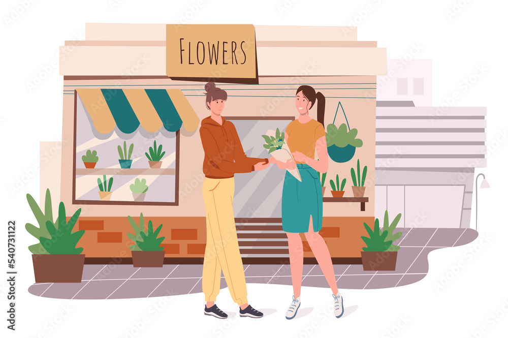 Flower shop building web concept. Woman buys flowers at store. Florist ...