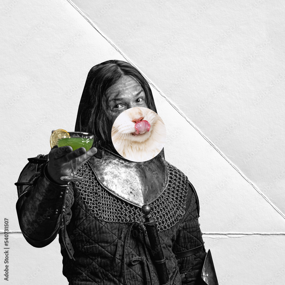 Invitation to drink. Surreal artwork with medieval knight, warrior with ...