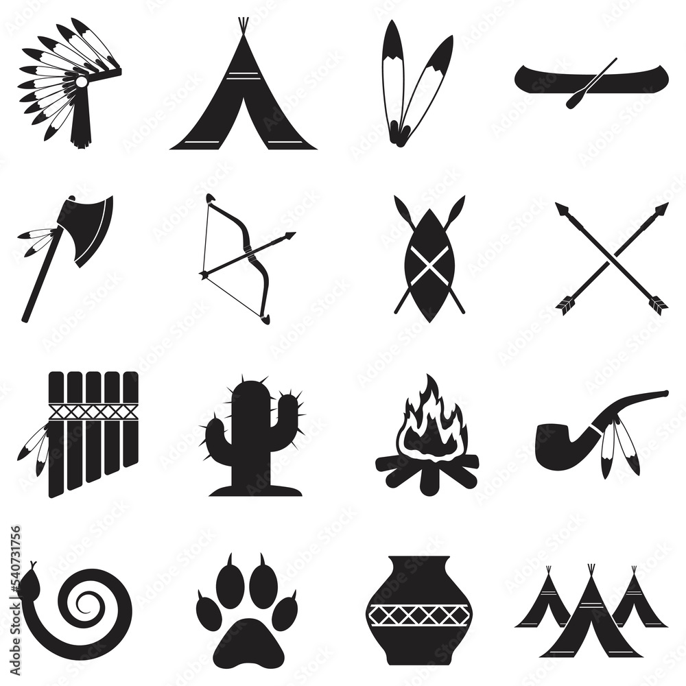 Native American Icons. Black Flat Design. Vector Illustration. Stock ...