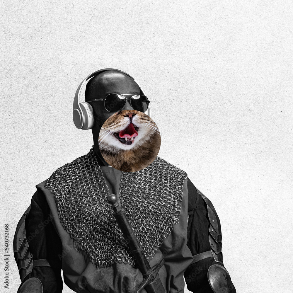 Surreal artwork with medieval knight, warrior with part of cat's face ...