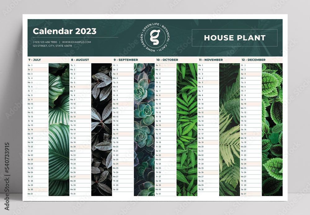 Calendar 2023 Botanic Layout with Green Accents Stock Template | Adobe ...
