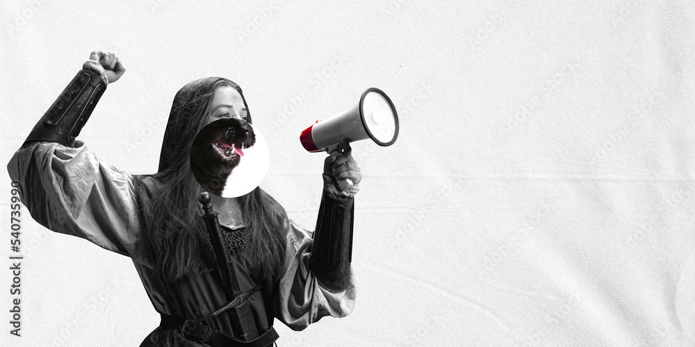 Surreal artwork with female medieval warrior with part of cat's face ...