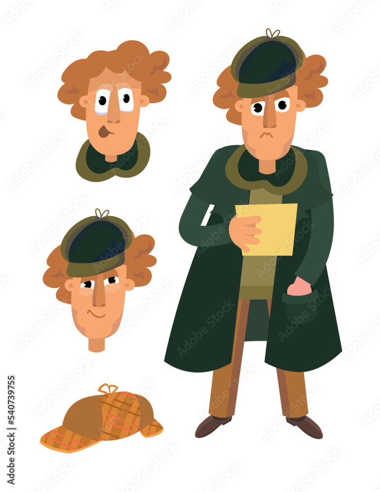 Cute spy Sherlock Holmes in cartoon style. Character for postcards ...