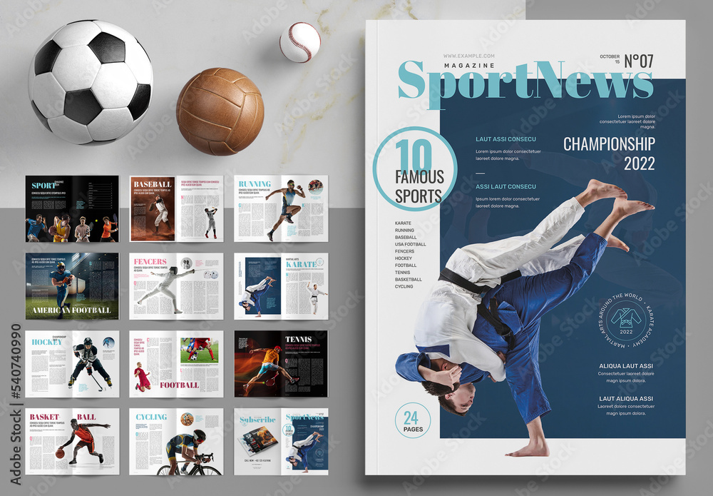 Sport Magazine Layout with Blue and Pink Accents Stock Template | Adobe ...