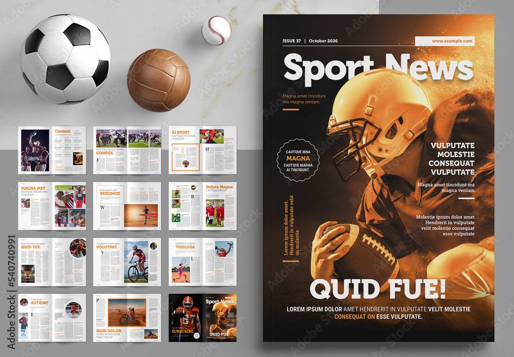 Sport Magazine Layout with Orange Accents Stock Template | Adobe Stock