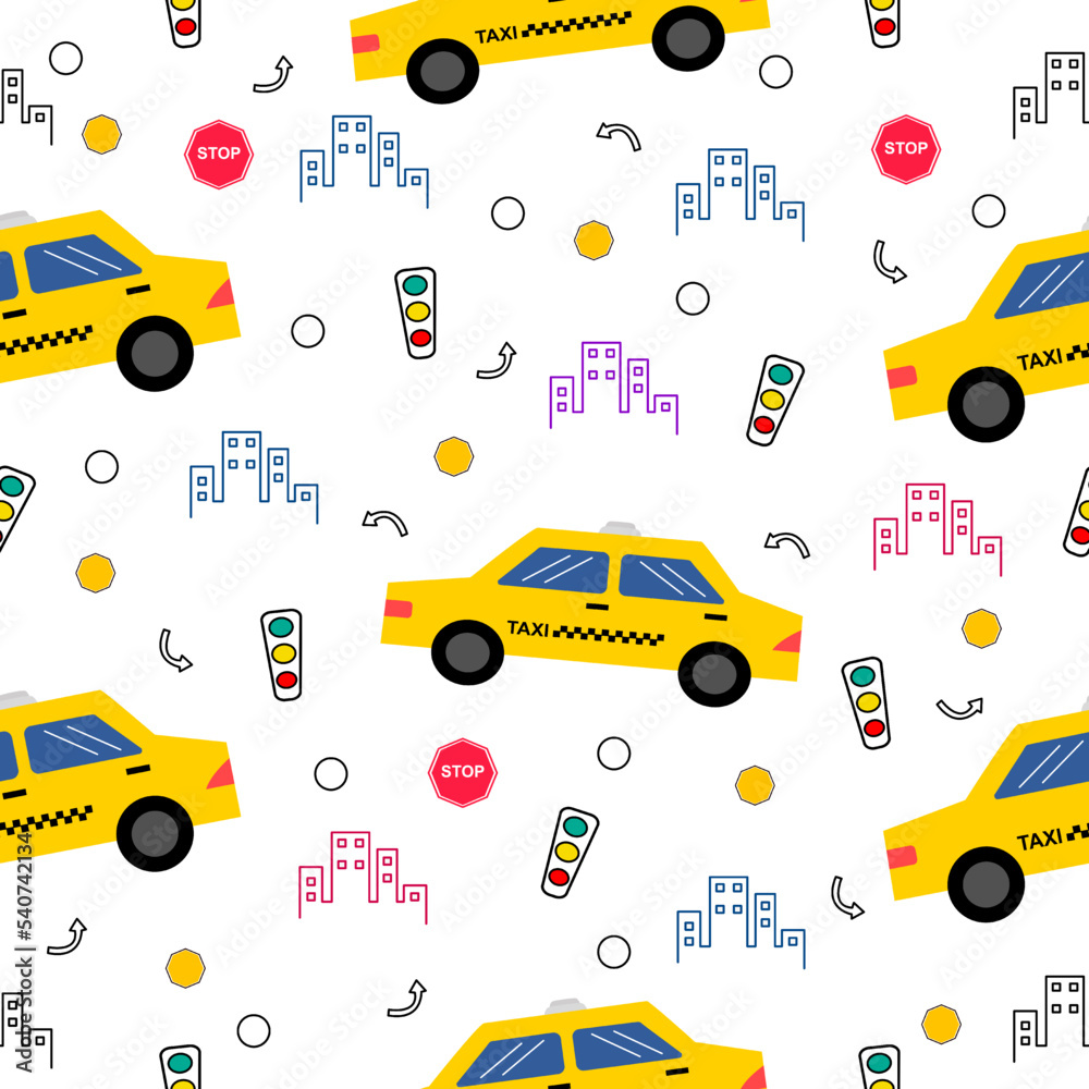Taxi car in city pattern design concept. traffic light with Taxi car ...