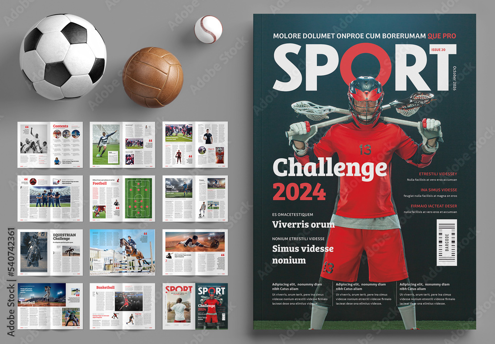Sport Magazine Layout with Red Accents Stock Template | Adobe Stock