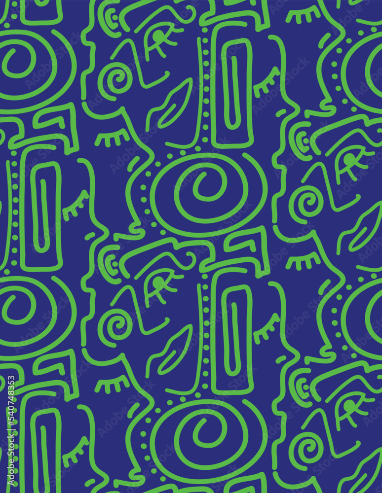 Abstract One Line Drawing Faces Masks and Geometric Shapes Repeating ...