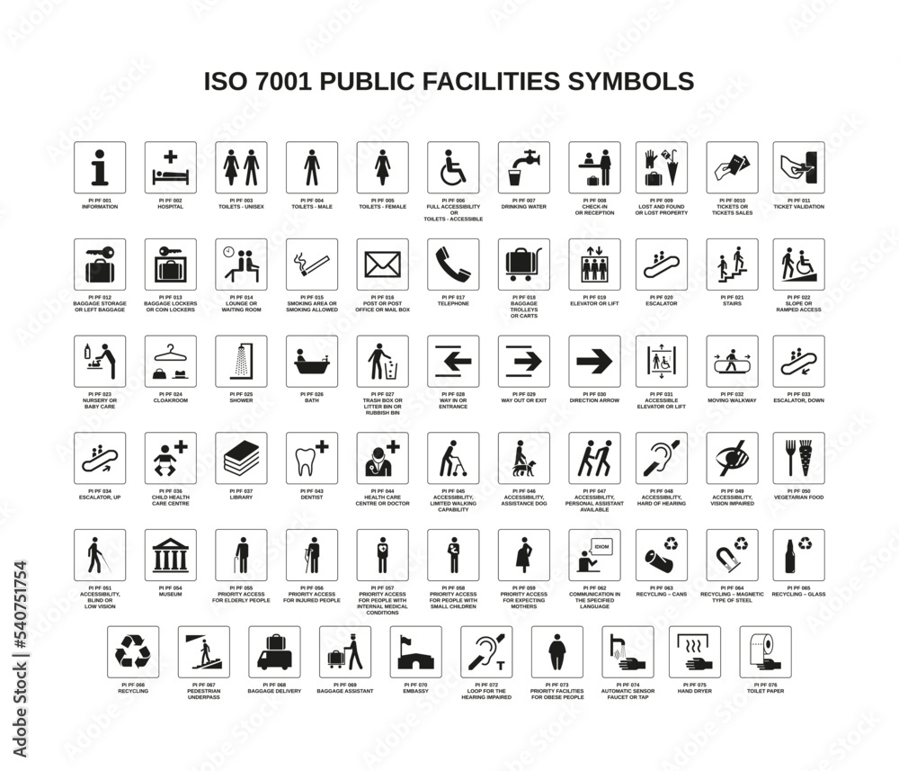 Set Of Iso 7001 Public Facilities Symbols On White Background เวกเตอร์