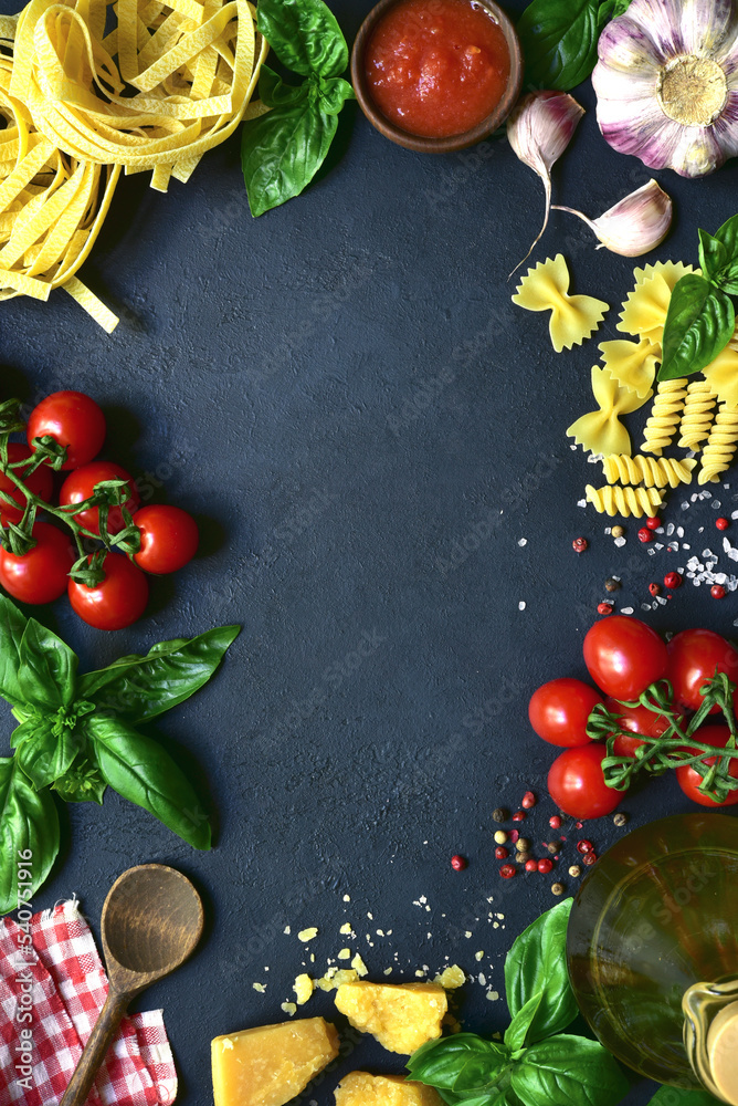 Culinary background with ingredients of italian cuisine. Top view with ...