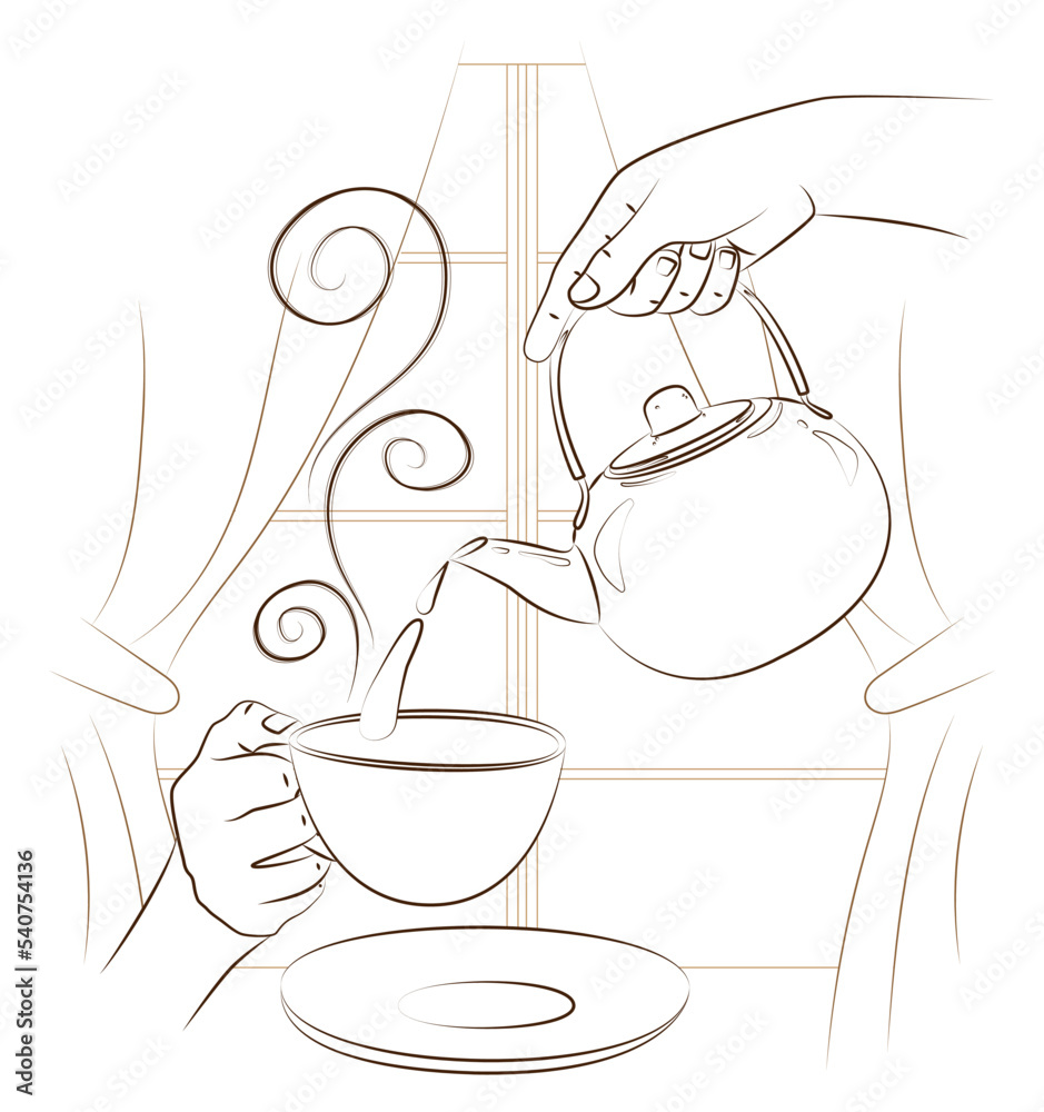 Hands hold metal teapot and cup for home tea drinking. Enjoy cup of hot ...