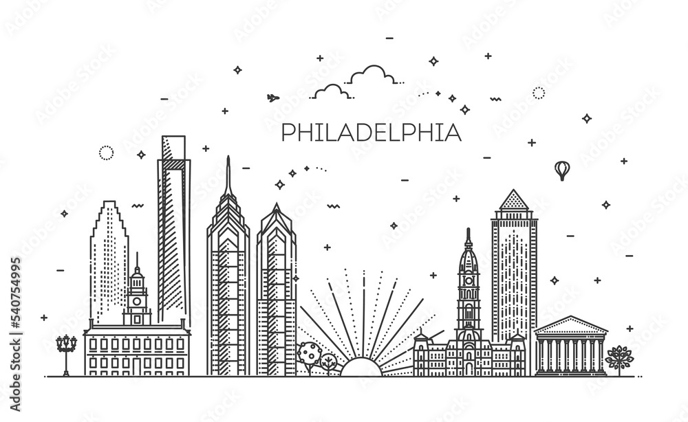 Philadelphia architecture line skyline illustration. Linear vector ...